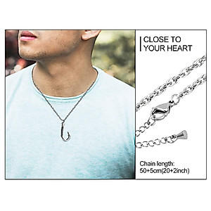 abooxiu Fishing Hook Urn Necklace for Ashes Fish Hook Stainless Steel Cremation Jewelry Memorial Pendant Keepsake for Men(Silver)