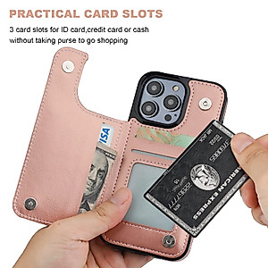 ONETOP Compatible with iPhone 14 Pro Wallet Case with Card Holder, PU Leather Kickstand Card Slots Case, Double Magnetic Clasp and Durable Shockproof Cover 6.1 Inch (Rose Gold)