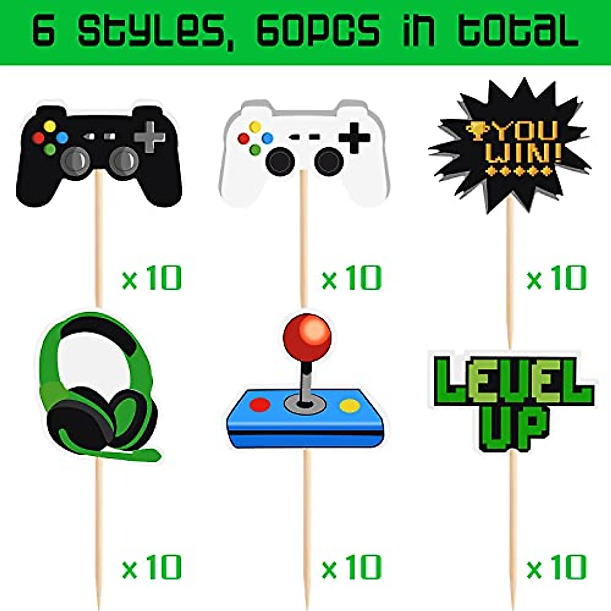 MIAHART 60 Pcs Video Game Themes Cake Toppers 6 Styles Cupcake Picks Decorations for Kids Gaming Birthday Fans Party Favors