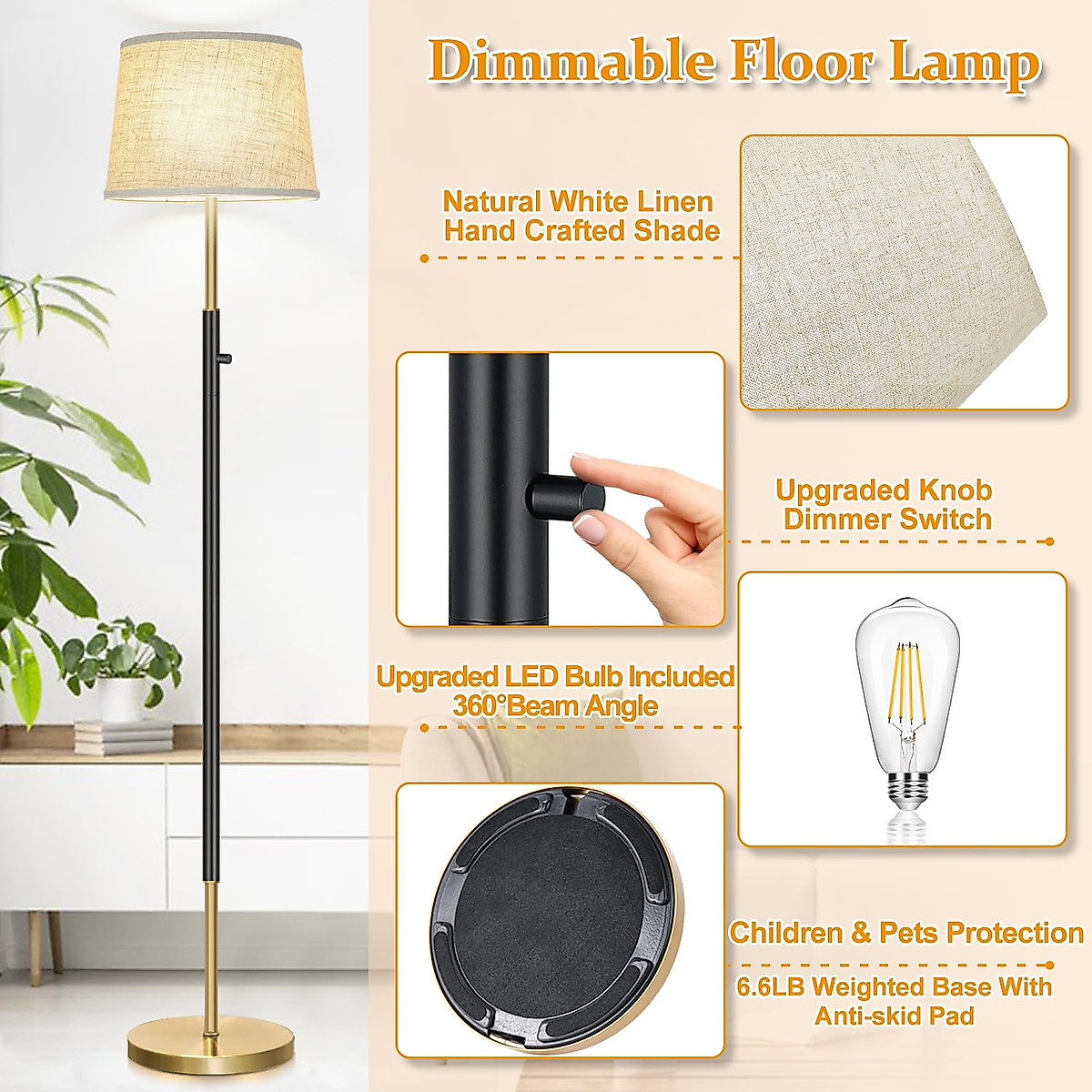Dimmable Floor Lamp, 1100 Lumens LED Bulb Included, Gold Floor Lamps for Living Room Modern Standing Lamp with Natural Linen Shade, Tall Lamp for Living Room Bedroom Office Reading Dining Room