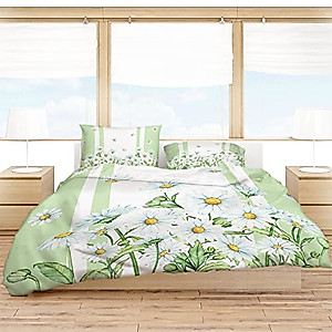 Durable Duvet Cover Set 3 Piece Bedding Sets Queen Size, Spring Floral Comforter Set Soft Microfiber Fill Bedding with 1 Comforter Cover, 2 Pillowcases Summer Daisy Watercolor Flowers Green Striped