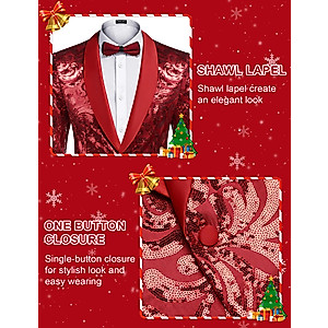 COOFANDY Red Sequin Blazer Men Shiny Christmas Floral Tux Dinner Jackets Stage Blazers Christmas Prom Party Red, S