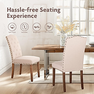 ALPHA HOME Dining Chairs Set of 2, Upholstered Dining Room Chairs, Tufted Kitchen Chairs with Solid Wood Legs and Tall Backrest, Fabric Padded Parson Chairs, Beige