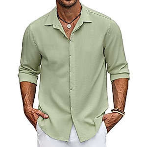 COOFANDY Men's Beach Linen Shirts Long Sleeve Casual Buttton Down Shirts Beach Dress Shirt Light Green