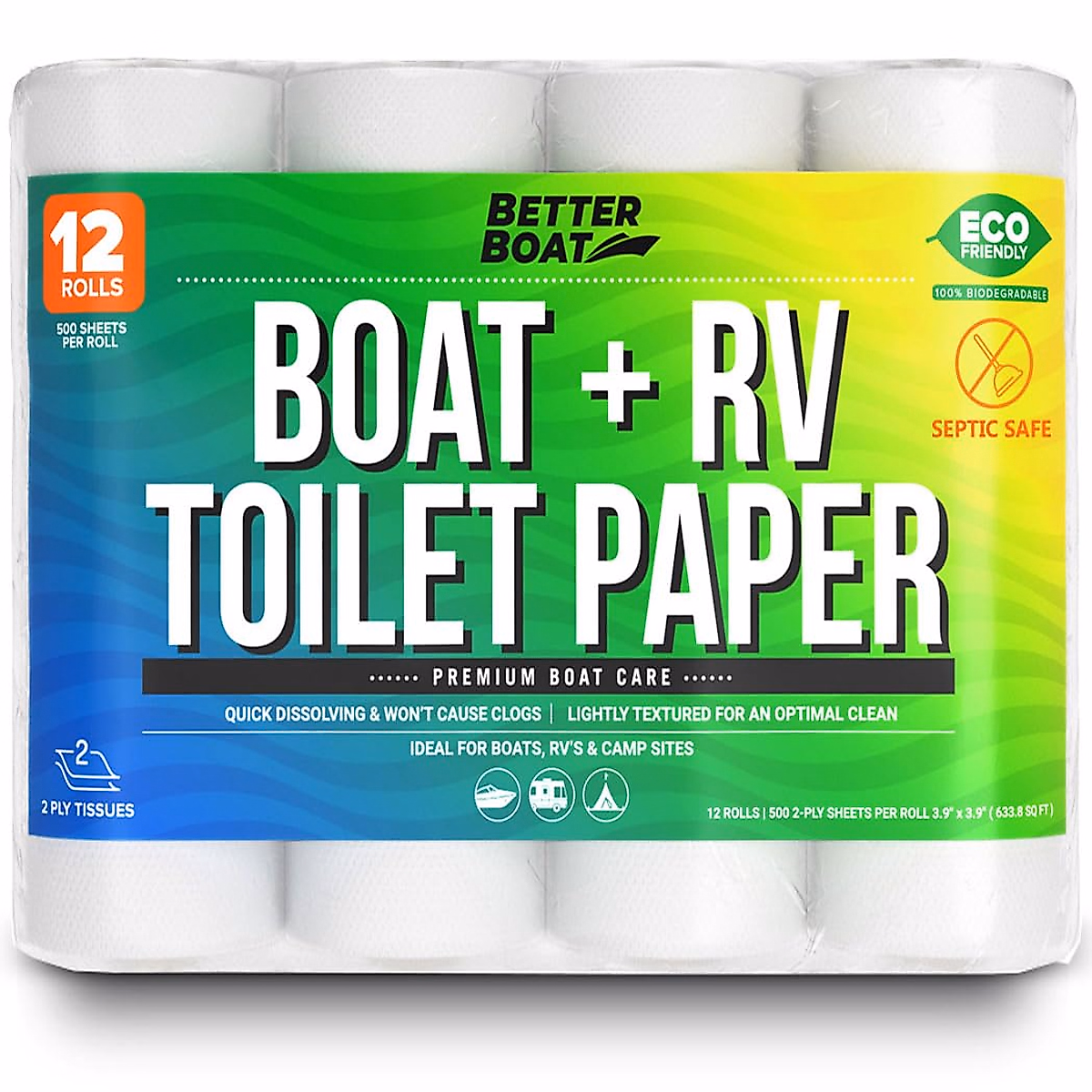 Boat and RV Toilet Paper, Septic Safe Quick Dissolving Tissue, 12 Single Rolls, Biodegradable 2-Ply for Marine, Travel, and Camper Systems, Camping Tank-Safe Bulk Pack