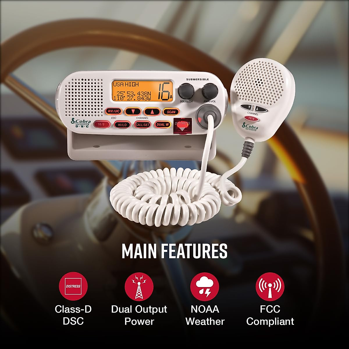Cobra MR F45-D Fixed Mount VHF Marine Radio – 25 Watt VHF, Submersible, LCD Display, Noise Cancelling Microphone, NOAA Weather Channels, Signal Strength Meter, Scan Channels, White