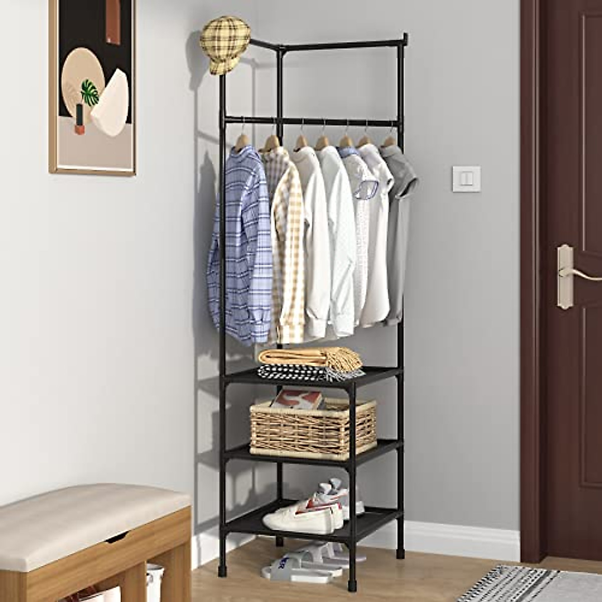 MOYIPIN Coat Rack Freestanding Closet Organizer,Simple Hall Tree with 3 Storage Shelves, Corner Storage Organizer, for Entryway, Bedroom, Black