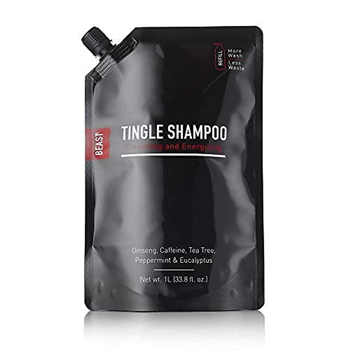 Beast Tingle Shampoo 1L (33.8 fl oz) Pouch + Reusable Durable Aluminum Bottle Shower & Travel Set (1L & 2oz travel size)
