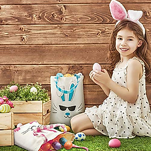 Weewooday 2 Pieces Easter Bunny Bags Large Easter Canvas Tote Bags Bunny Ears Basket Bags Spring Egg Hunts Bags for Easter Kids Eggs Candy Hunting Carrying Daily Usage (Blue, Pink)