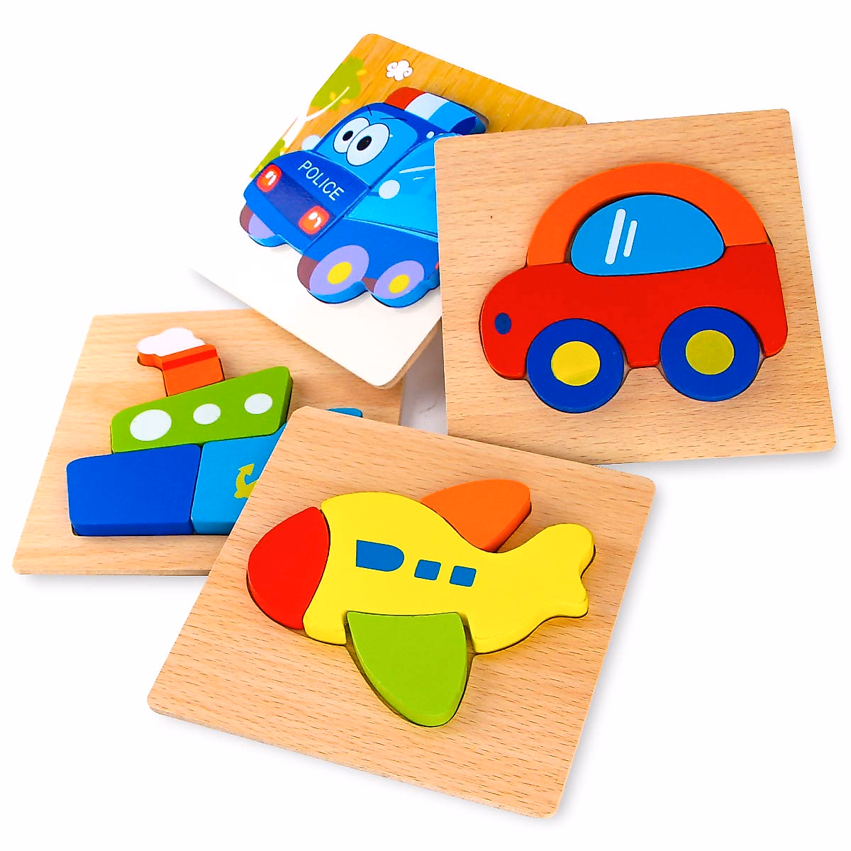 SKYFIELD Wooden Vehicle Puzzles for Toddlers 1 2 3 Years Old, Boys &Girls Educational Toys Gift with 4 Vehicle Patterns, Bright Vibrant Color Shapes, Customize Gift Box Ready(Vehicle)