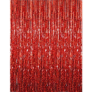 GOER 3.2 ft x 9.8 ft Metallic Tinsel Foil Fringe Curtains Party Photo Backdrop Party Streamers for Birthday,Graduation,New Year Eve Decorations Wedding Decor (1 Pack, Red)