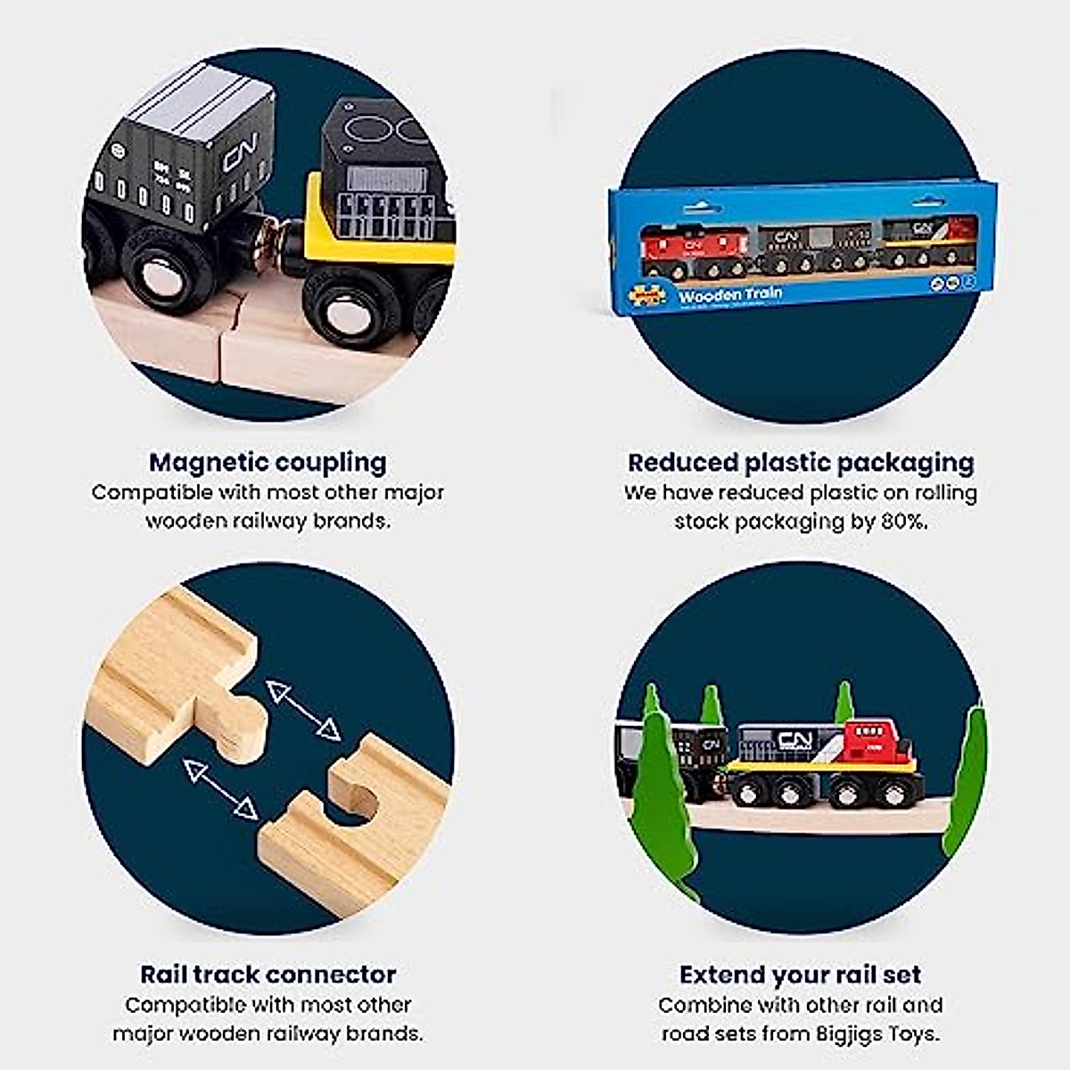 Bigjigs Rail Wooden CN Train - 1 Engine, 2 Carriages & 2 Track Pieces, Kids Train Toy Accessories, Toddler Railway Sets, Trains with Magnetic Couplings, for 3+ Year Old