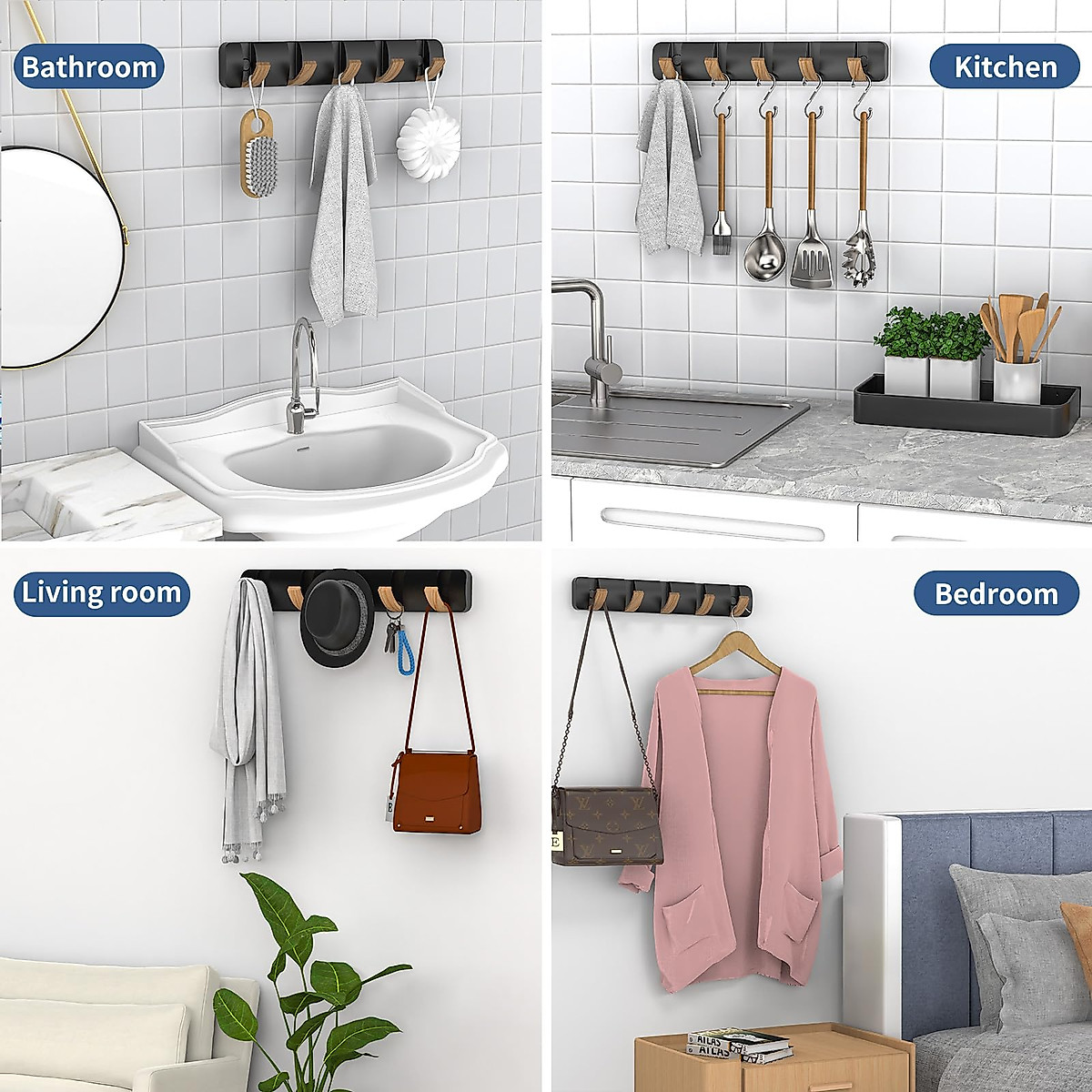 Temste 3 Pack Wall Mounted Coat Rack, Floating Rack with Retractable Hooks, Door Wall Coat Rack Plastic Space Saving Wall Hangers Hook Rail for Entryway Bathroom Hat Towel,Black