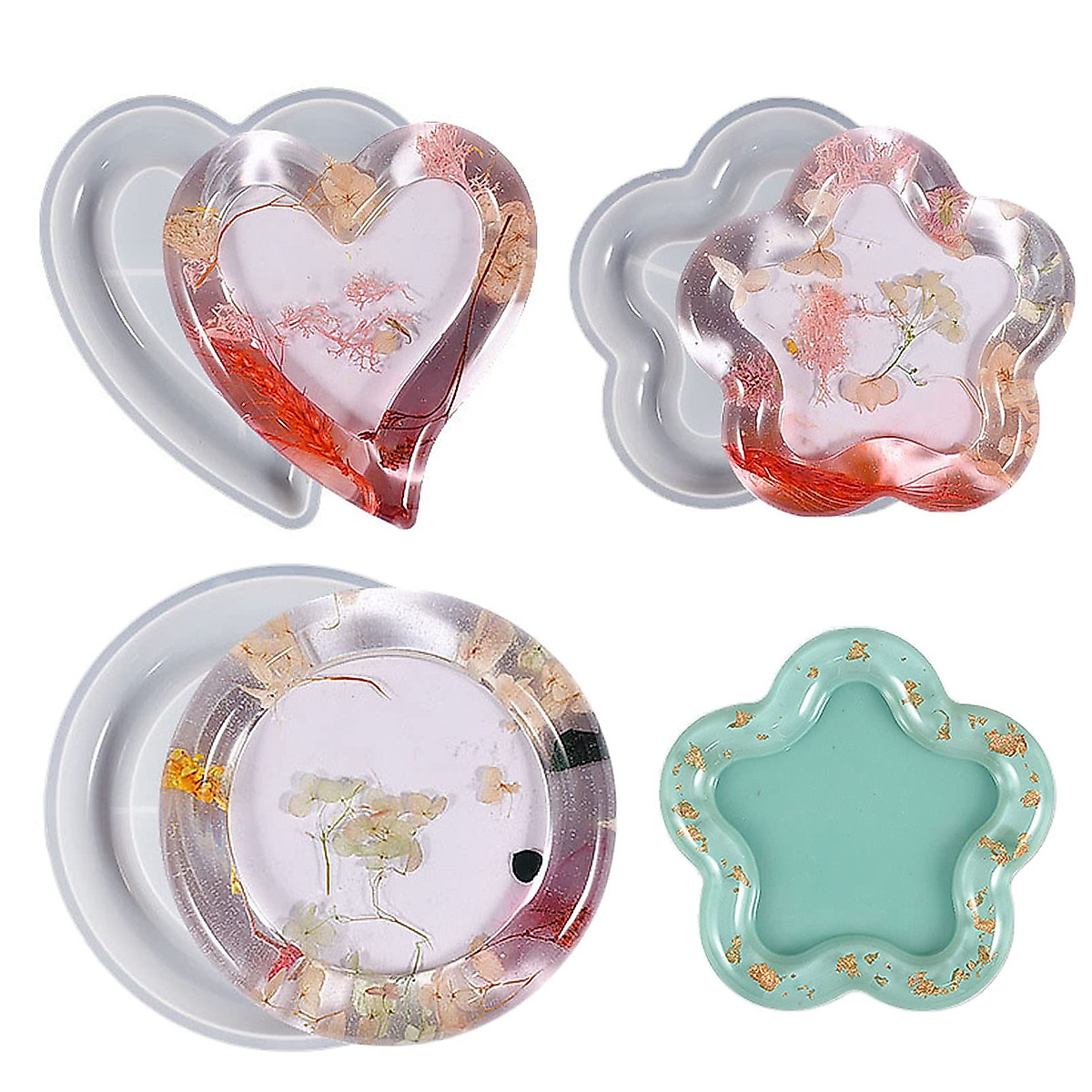 3 Set Tray Silicone Resin Mold Round Love Heart Flower Shaped Epoxy Silicone Casting Molds Coaster Tray for Cup Fruit Candy Vase Holder Articles Ornaments,3D DIY Display Decor Crafts