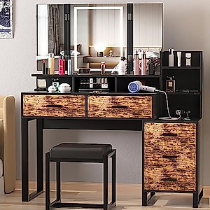 PAKASEPT Makeup Vanity with Tri-fold Makeup Mirror, Vanity Desk with 3-Color Adjustable Touch Light, Charging Station, Vanity Table with Nightstand,5 Drawers, Storage Shelves&Cushioned Stool, Black