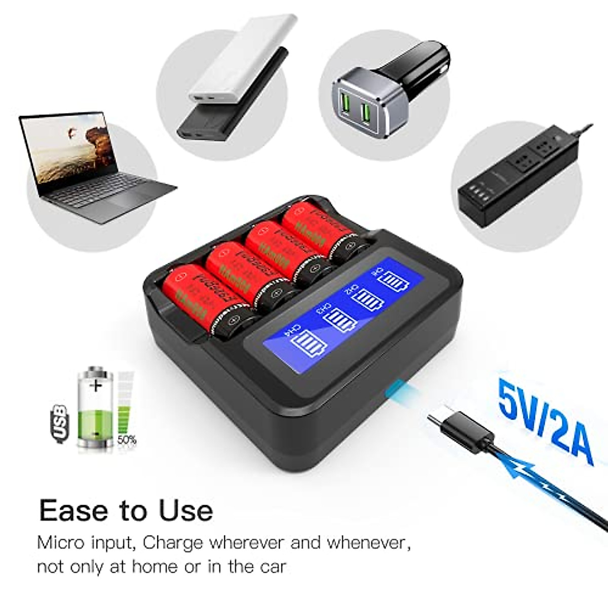 Batteries Rechargeable for Arlo, EaseBuy 4-Pack 800mAH 123A Arlo Batteries and LCD Display CR123A Charger for Arlo VMS3130 VMC3030 VMK3200 VMS3330 3430 3530 Cameras, Alarm System, Flashlight