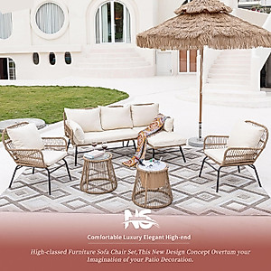 NICESOUL® 6 Pcs Boho Outdoor Small Patio Furniture Lounge Set with Beige Cushion and Round Glass Table with Ice Bucket Natural Color Wicker Conversation Sofa Set for Garden Balcony Deck