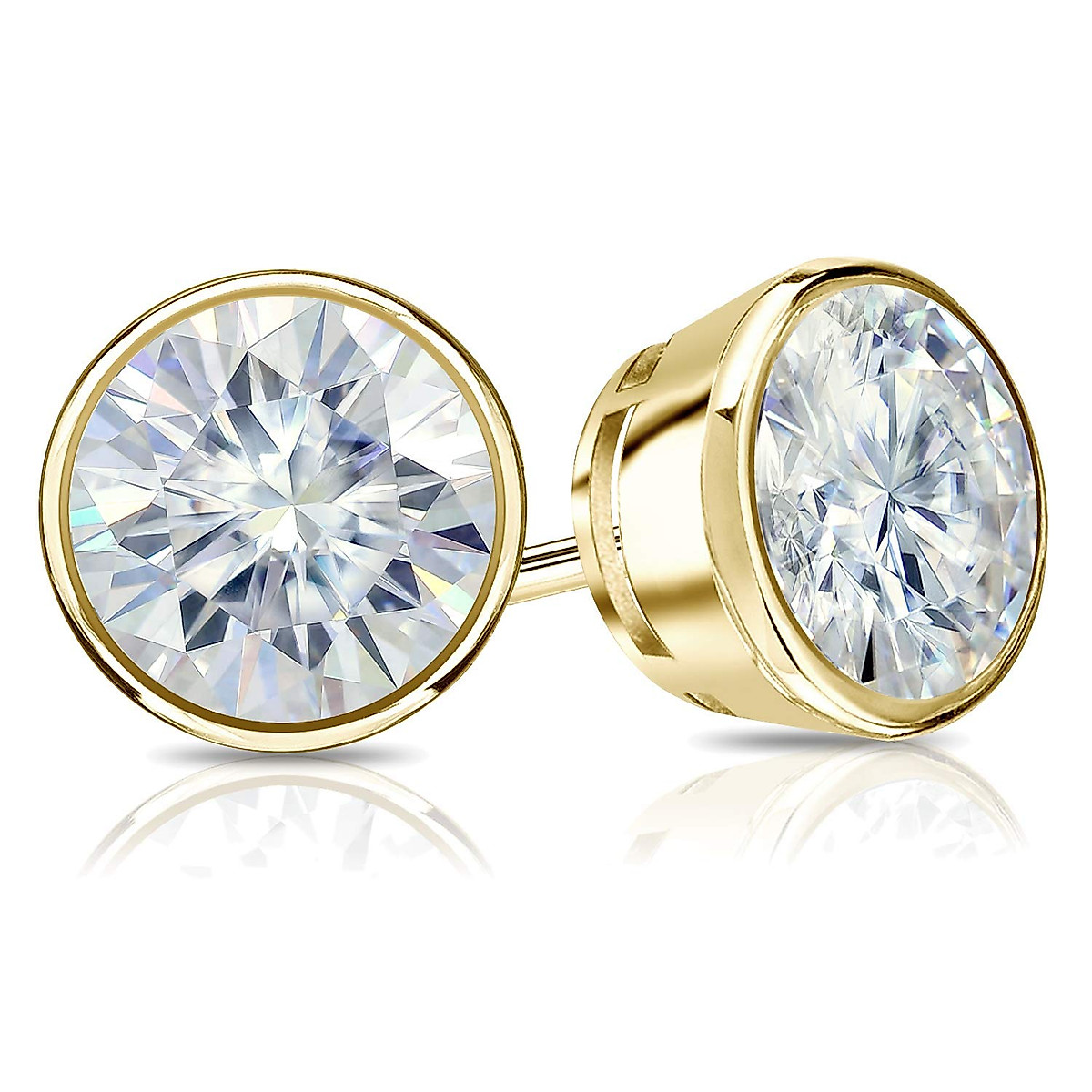 Diamond Wish 1 Carat Moissanite Round Stud Earrings in 14k Yellow Gold (J-K, 5 mm, TGW) Bezel Set Screw Back