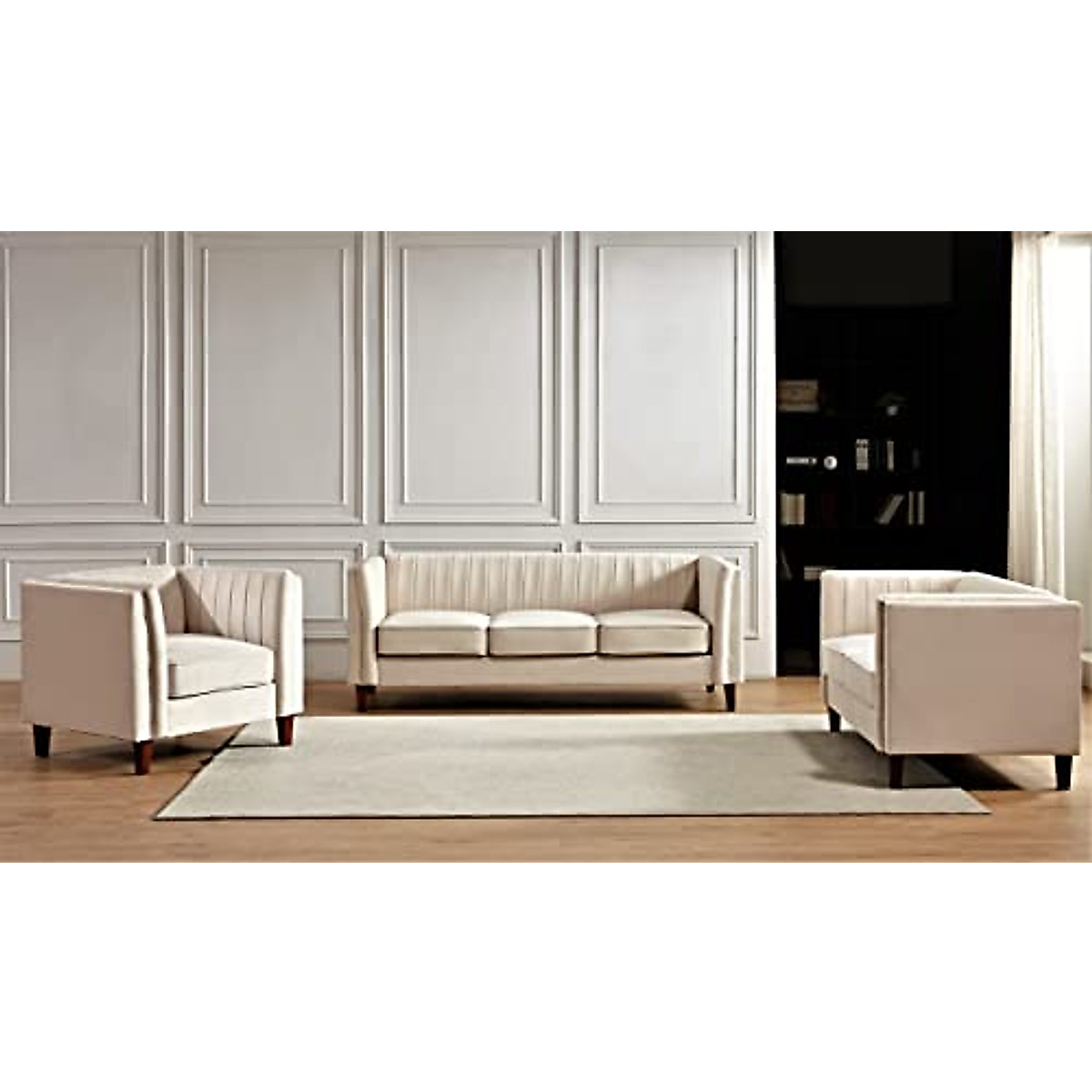 Container Furniture Direct Modern Luxury Velvet Couch for Living Room with High Density Foam, Soft Fabric Upholstery, Removable Cushions and Solid Wood Legs, 83'' Wide 3 Seater Sofa, Beige
