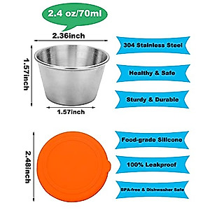 Wobye 4 Pack 2.4oz Reusable Salad Dressing Container To Go, Small Condiment Containers with Leakproof Silicone Lids Stainless Steel Sauce Cups for Condiments, Dips, Dressings & Lunch Box