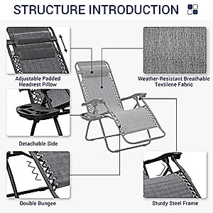 BELLEZE Zero Gravity Chairs Set of 2, Outdoor Adjustable Folding Lawn Chairs Recliner Chairs with Cup Holder Pillow, Lounge Chairs for Patio Camping Garden Beach Pool Side Deck, Gray