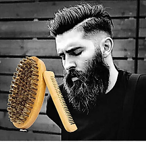 Aokes Beard Brush and comb for Men-100% Natural Wooden & Black Boar Bristle for Mens Grooming Hair and Beard, hair& beard comb for men (Light Brown)