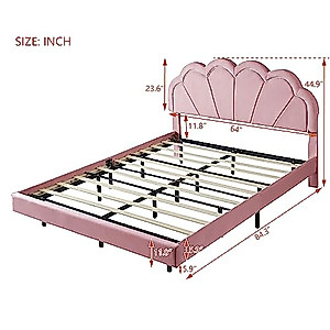 GAOWEI Queen Upholstered Smart LED Bed Frame with Elegant Flowers Headboard,Floating Velvet Platform LED Bed with Wooden Slats Support Queen Bed Frame (Pink)