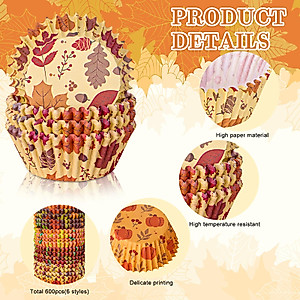 Whaline 600Pcs Fall Thanksgiving Cupcake Liners Maple Leaf Pumpkin Acorn Baking Cups Autumn Muffin Baking Liners for Birthday Party Fall Themed Party Supply Decor