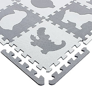 Yostrong 18 Tiles Interlocking Animal Puzzle Foam Baby Play Mat with Straight Edges for Playing - Rubber EVA Babies Crawling Mats for Floor. White, Light gray. YOP-51(AL) b18S18