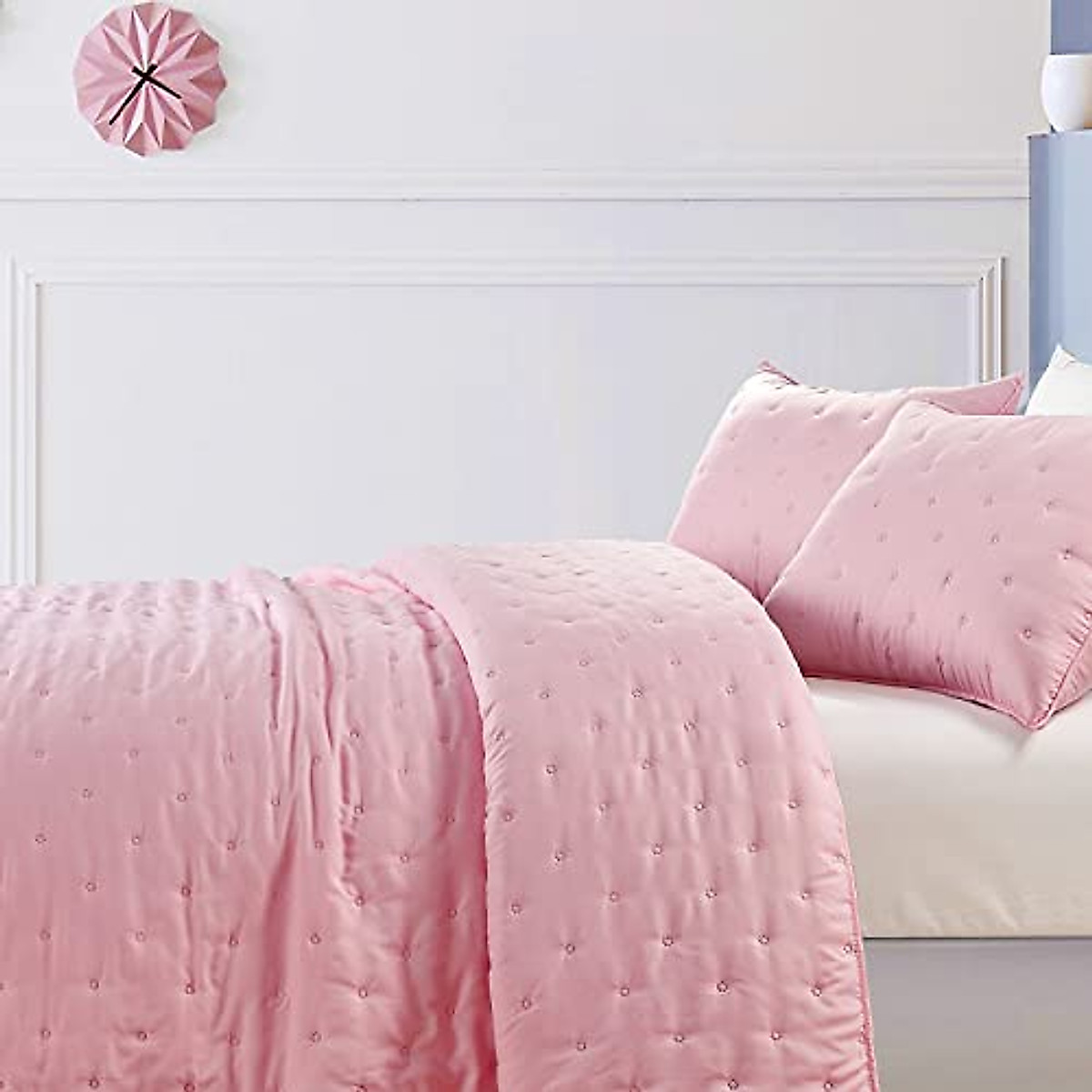 Mocaletto Reversible Quilts Set Queen Size, 3 Piece Pink Quilt with Pillow Shams, Point Pattern Microfiber Bedspread, Lightweight Soft All Season Coverlet for Bedroom,Hotel &Gift