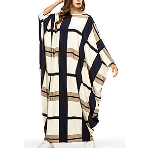 Flygo Women's Batwing Plaid Long Sleeves Maxi Dress Oversized Sleep Loungewear (One Size