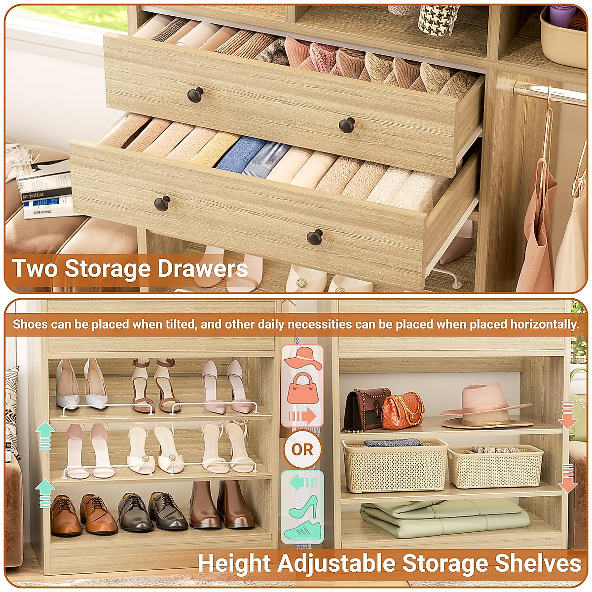 Besiost Closet System - 5FT Small Closet System with Drawers, 60" Closet Organizer System with Reversible Hanging Shelving, Closet Systems for Small/Walk-in Closets, Greige Oak