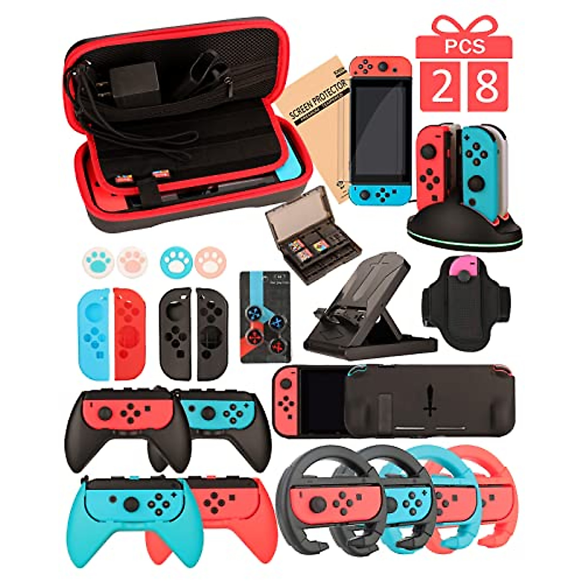 Switch Accessories - Family Bundle Accessories for Nintendo Switch, Carry Case& Screen Protector,4 Pack Joy Con Grips and Steering Wheels, Case Cover,Stand Mount,Joy Con Charger and More.