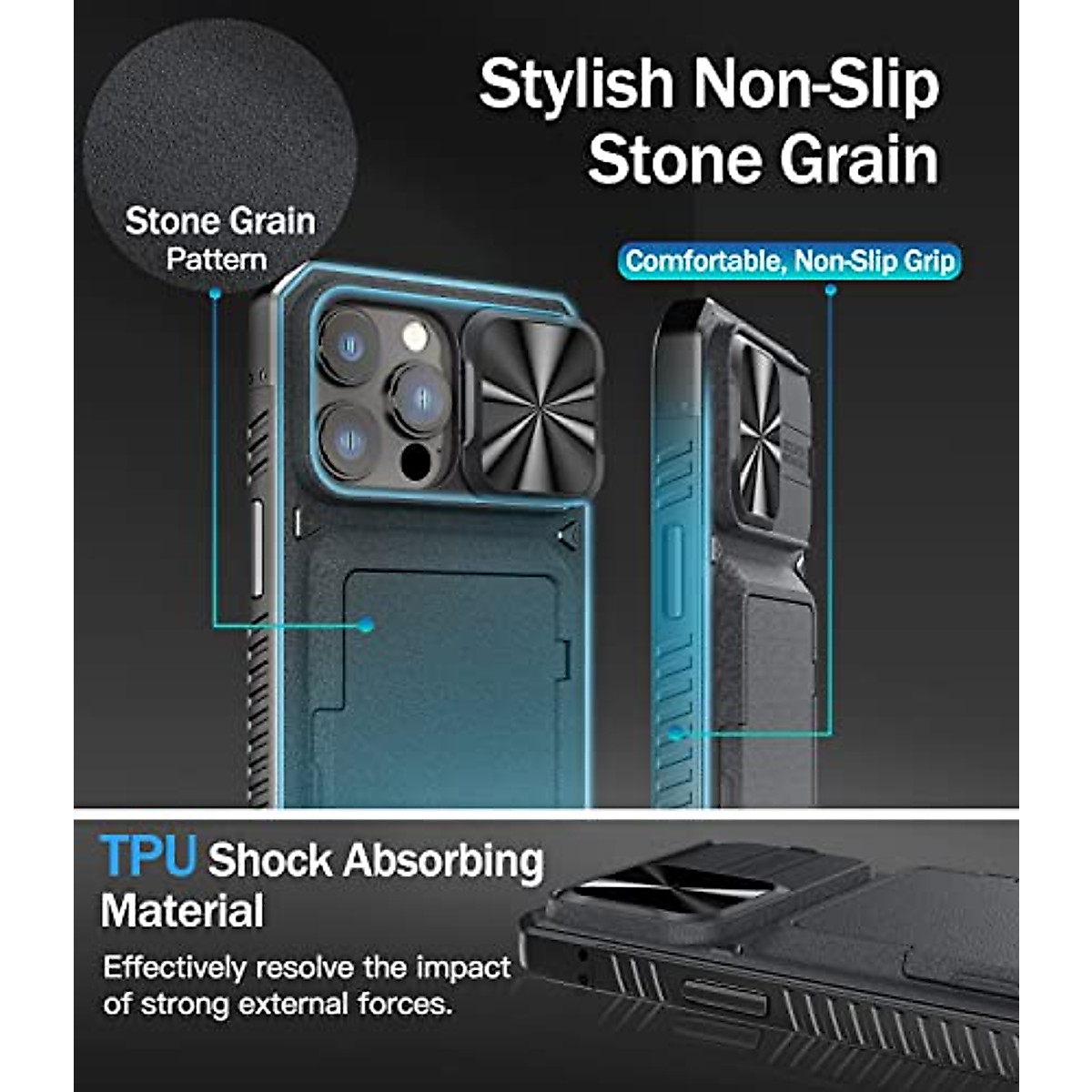 Vihibii for iPhone 14 Pro Max Case, Wallet Case with Card Holder (Storage 4 Cards), Slide Camera Cover & Kickstand [Military Grade Drop Protection] Phone Case 6.7" (2022), Black