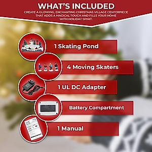 Animated Christmas Village Skating Pond - Lighted Musical Snow Scene with 4 Moving Skaters, Adapter, Battery Slot