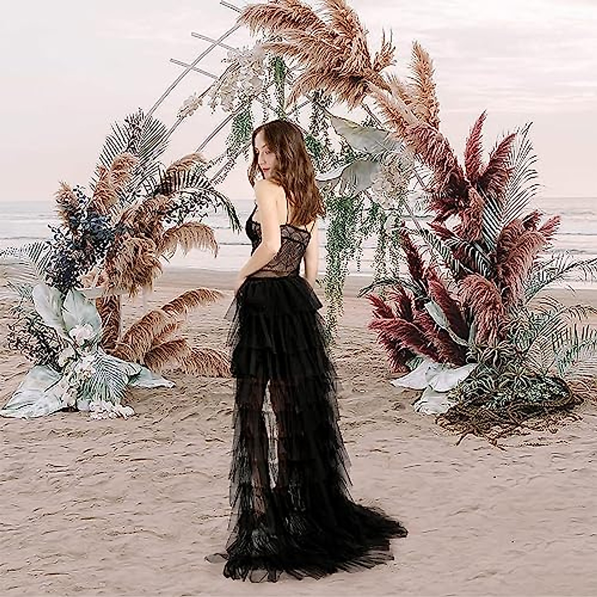 AWAYTR Maxi Mesh Tulle Skirt for Women - Detachable Wedding Train Dress, Floor Length Overlay Long Tutu Skirts for Prom(Black)