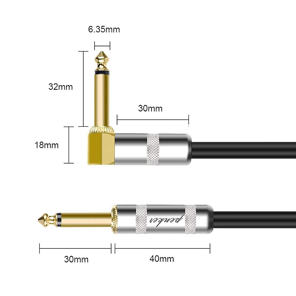 Penker Guitar Instrument Cable 10 Foot,1/4 Inch Right Angle to1/4 Inch Straight Gold Plated Guitar Cord,Good for Instrument Electric Guitar/Bass/Keyboard with Black White