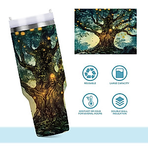 Jihqo Fairy Tales Glowing Tree 40 oz Stainless Steel Vacuum Insulated Tumbler with Handle and Straw Lid, Leakproof Water Bottle Double Wall Travel Mug Coffee Cup, Cupholder Friendly