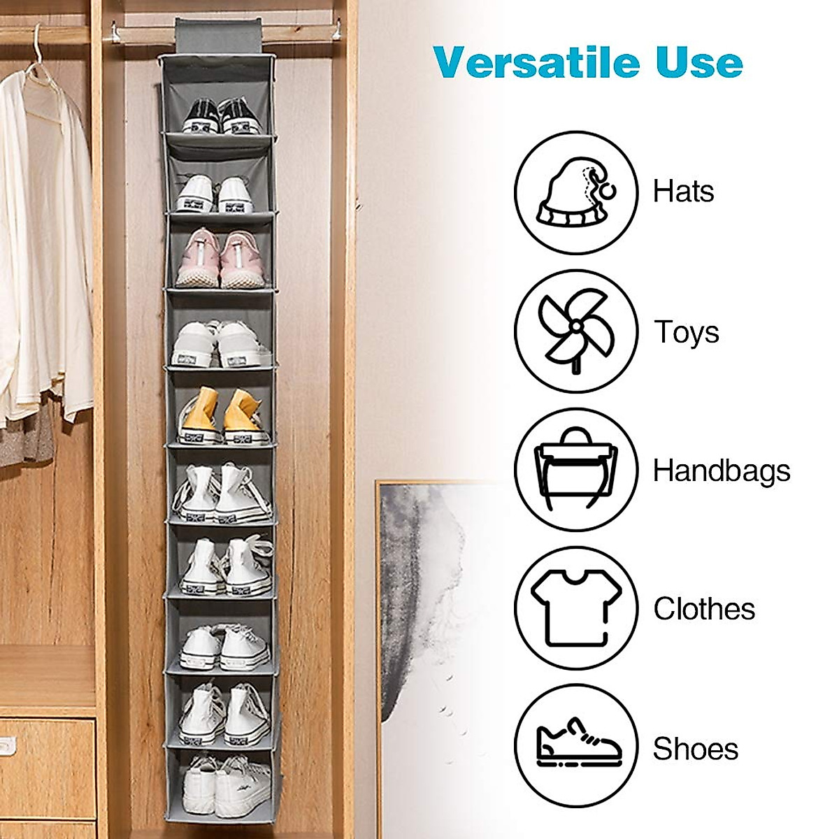 PUiKUS 10-Shelf Hanging Shoe Organizer Hanging Closet Shoe Organizer, Space Saving Shoe Holder & Storage, Closet Organizer Great for Shoes