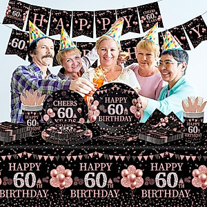 142Pcs Rose Gold 60th Birthday Decorations-Happy 60th Birthday Disposable Tableware for Women Rose Gold Birthday Plates and Napkins Set Serves 20 Guests