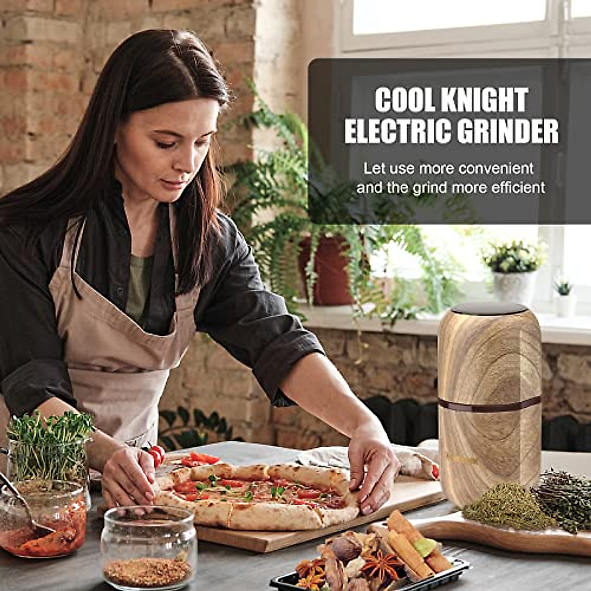 COOL KNIGHT Herb Grinder [large capacity/fast/Electric ]-Spice Herb Coffee Grinder with Pollen Catcher/- 7.5" (Wood grain)