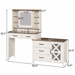 BTHFST Farmhouse Vanity with Glass Top & Charging Station, Vanity Desk with Touch Screen Mirror and Lights, Makeup Vanity with 5 Drawers & Shelves & Cabinet, Antique White