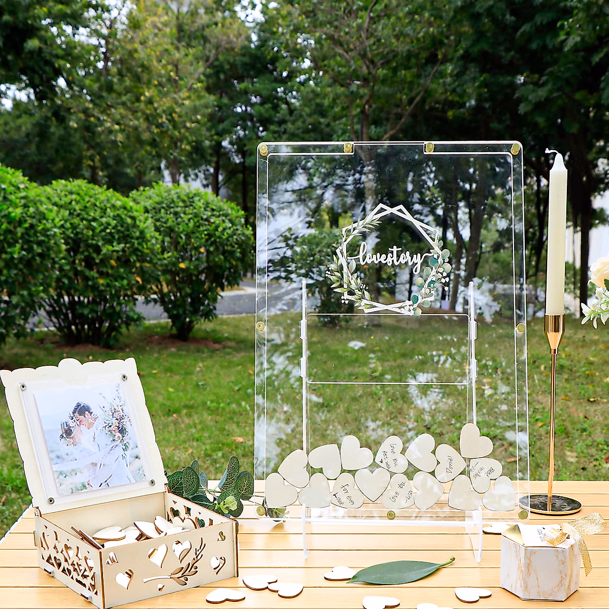 AerWo Wedding Guest Book Alternative, Guest Book Wedding Reception, Acrylic Guest Book Drop Box with Stand, Plywood Box, 100 Wooden Hearts and Marker Pen, Wedding Signs for Ceremony and Reception