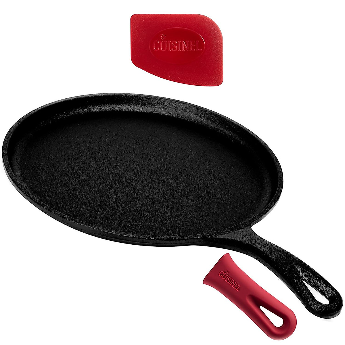 Cuisinel Cast Iron Round Griddle - 10.5" Crepe Maker Pan + Silicone Handle Cover - Pre-Seasoned Comal for Tortillas Flat Skillet - Dosa Tawa Roti Grill - Use: Oven, Stove, BBQ, Fire, Smoker, Induction