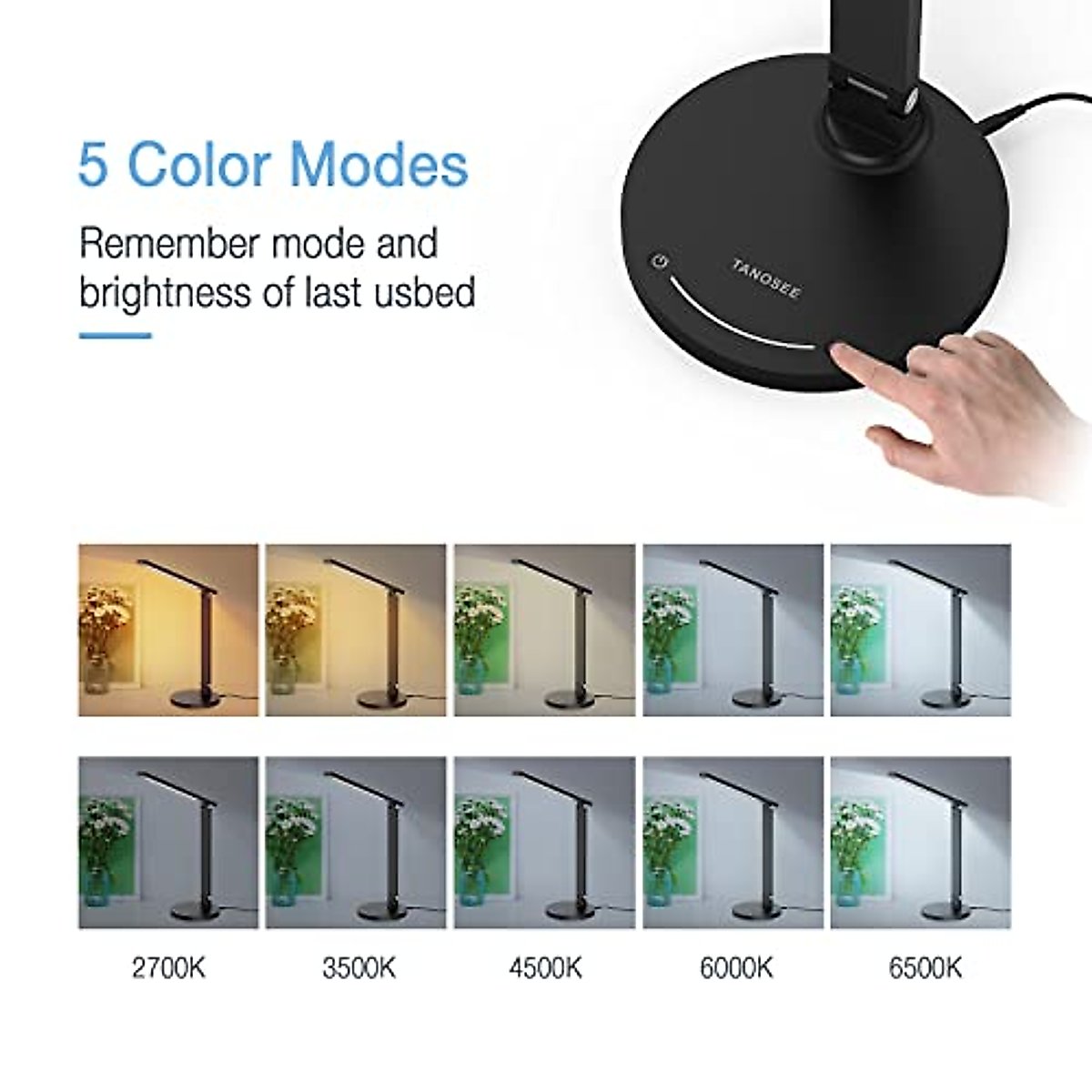 TANOSEE LED Desk Lamp with USB Charging, Touch Control Reading Table Light with 5 Brightness Level, 5 Lighting Modes, Small Study Lamps for Home Office (Black)