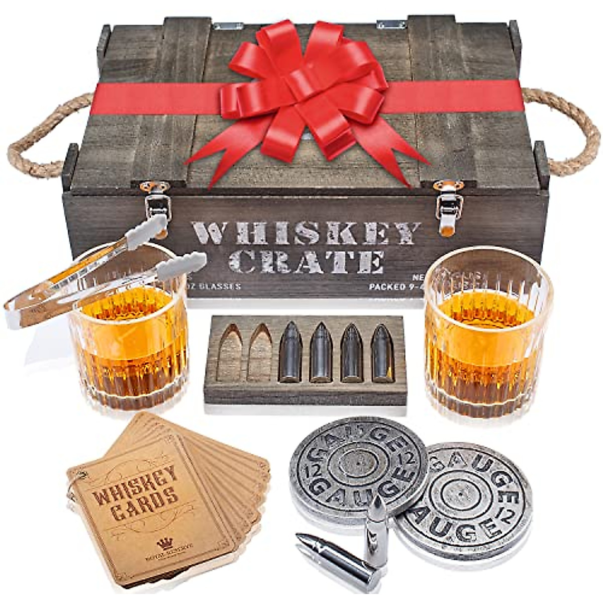 Bullet Whiskey Stones Gift Set by Royal Reserve | Artisan Crafted Chilling Rocks Scotch Bourbon Glasses and Coasters – Gift for Ranger Police Hunter Guy Men Dad Boyfriend Anniversary or Retirement