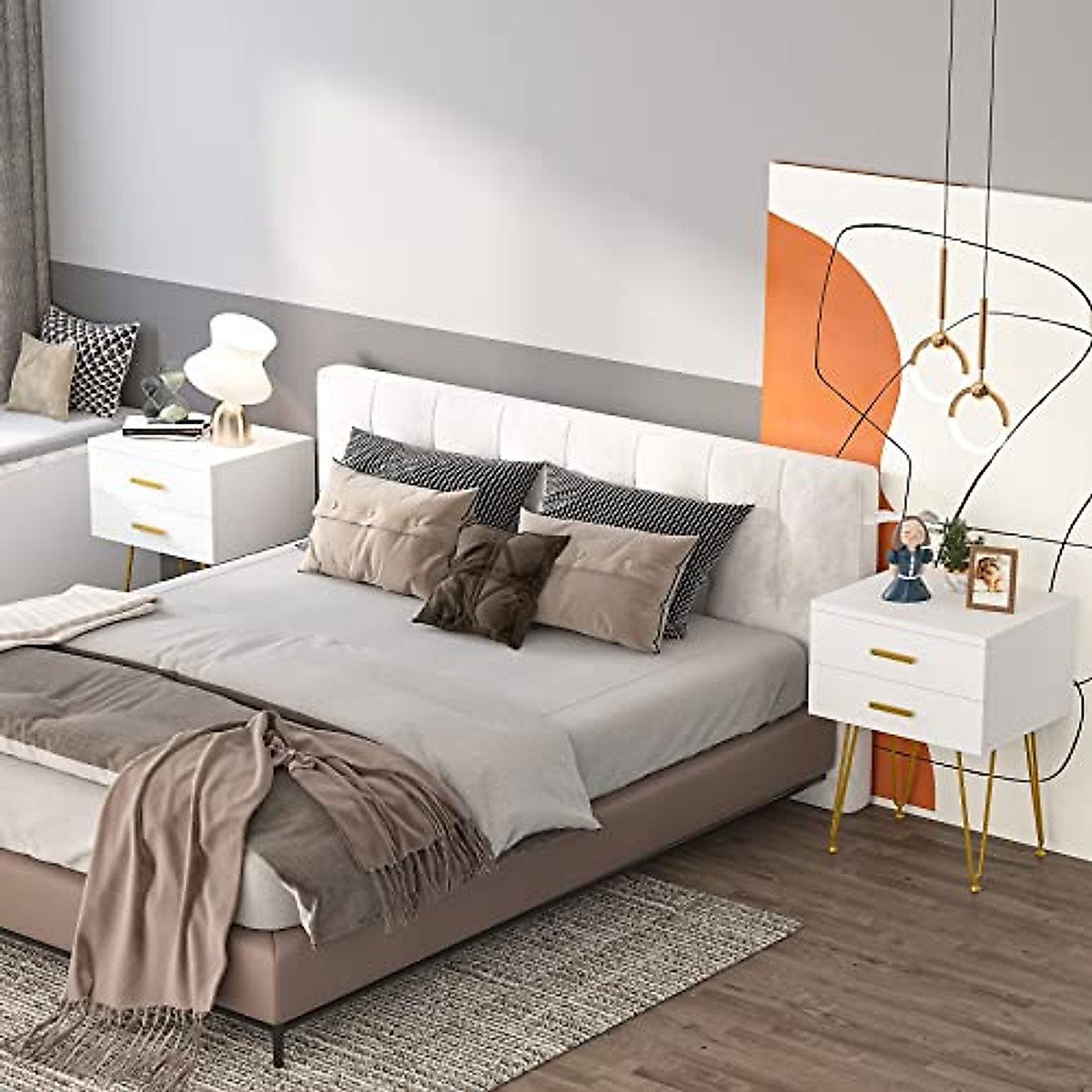 LITTLE TREE 2-Drawer Nightstand Set of 2, White and Gold Bed Side Table with Metal Legs for Bedroom