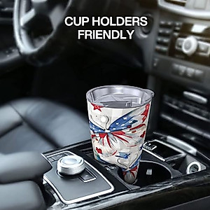 AYCZN Butterfly American 20 OZ Tumbler Stainless Steel Travel Coffee Mug, Usa Flag Star Insulated Water Bottle with Lid and Straws Leakproof Thermal Cup
