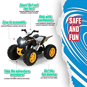 Rollplay Powersport ATV 12V Electric 4 Wheeler Featuring Oversized Wheels with Rubber Tire Strips for Added Traction, Working Headlights, and a Top Speed of 3 MPH, Black/Yellow