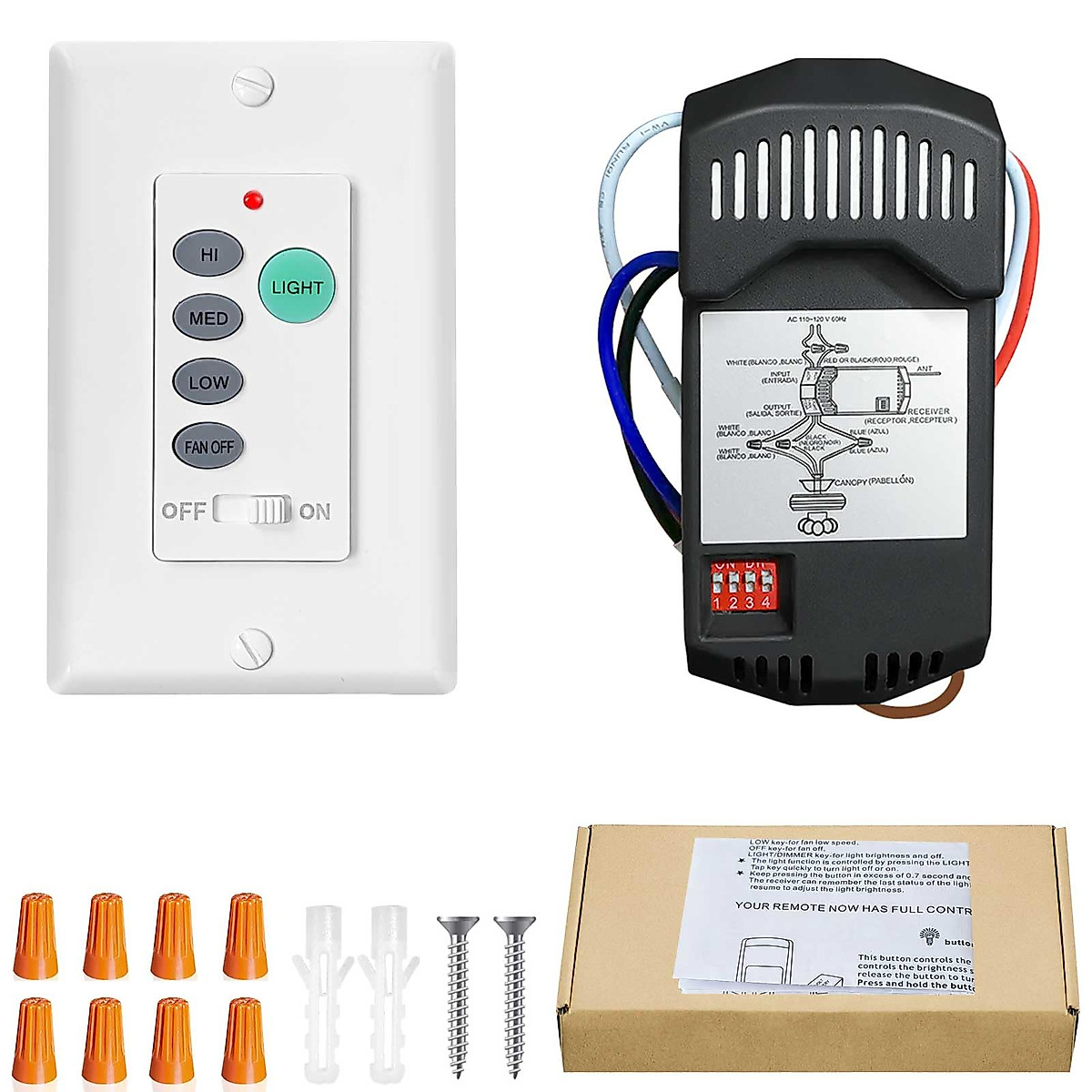 Ceiling Fan Remote Control Kit, Universal Wall Mount Fan Switch Replacement for Hampton Bay Harbor Breeze Hunter, UC9050T Wired Transmitter & R28 Receiver Kit, Fan 3 Speed Adjustable and Light Dimmer